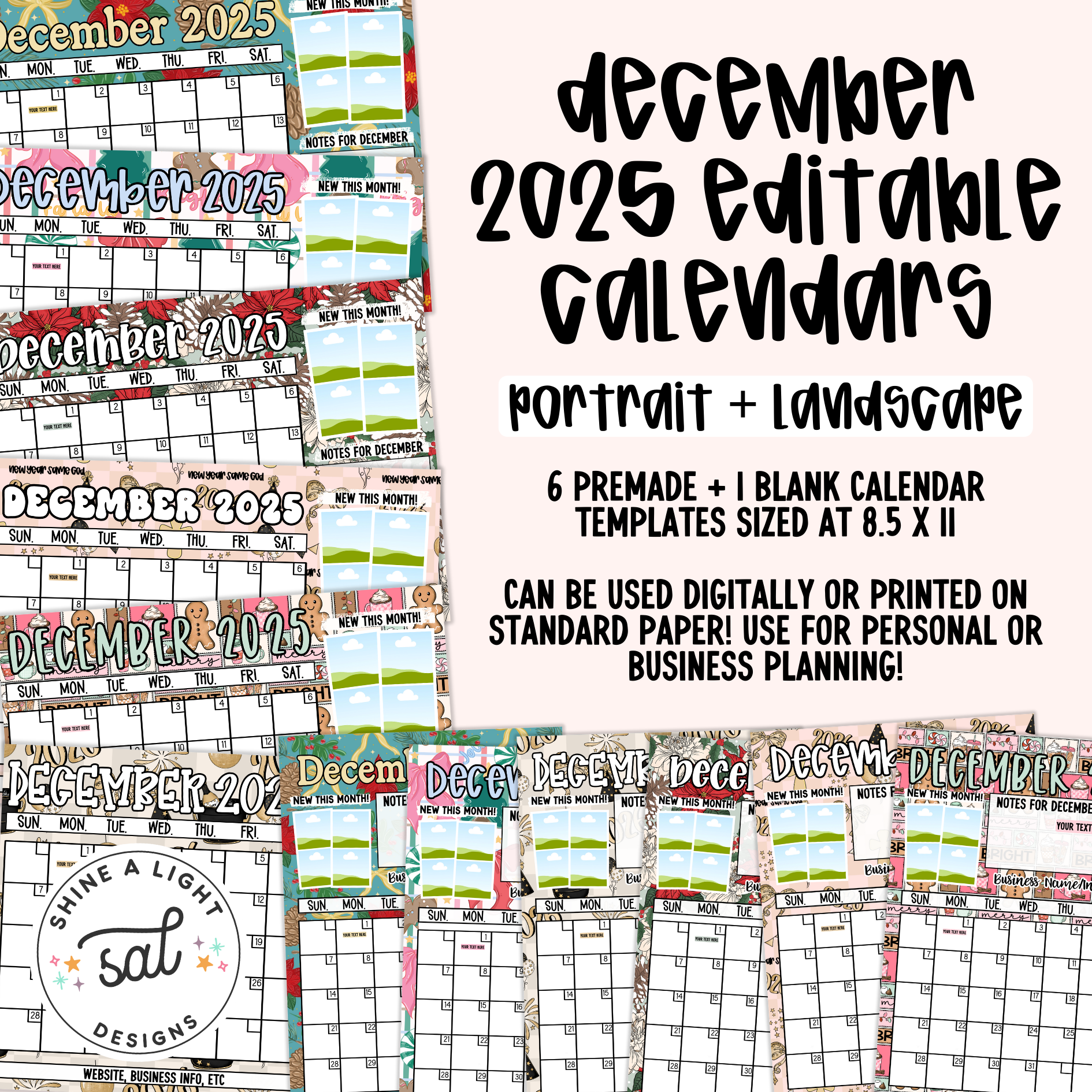 December 2025 Editable Calendars – Shine A Light Graphic Design