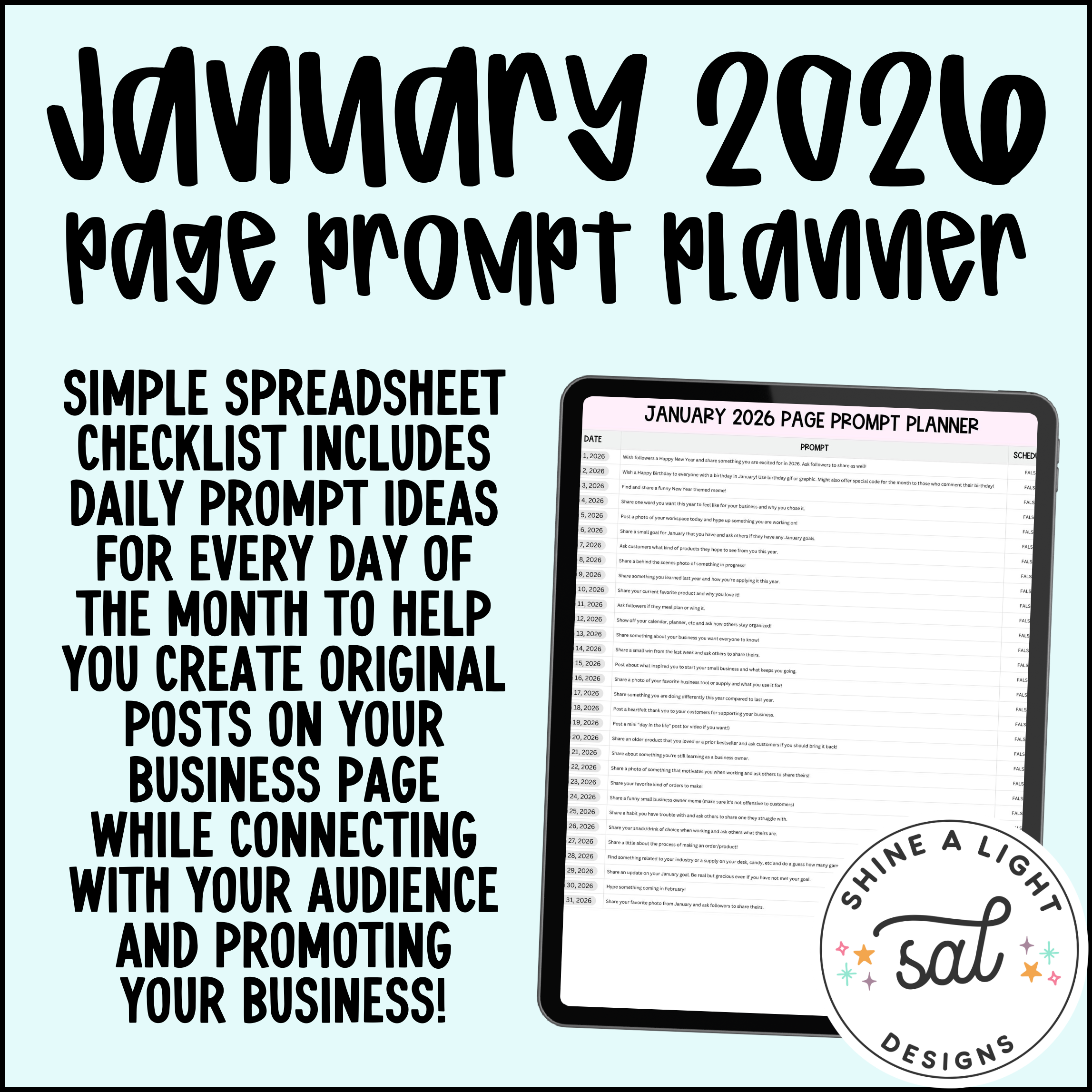 January 2026 Page Prompt Planner – Shine A Light Graphic Design