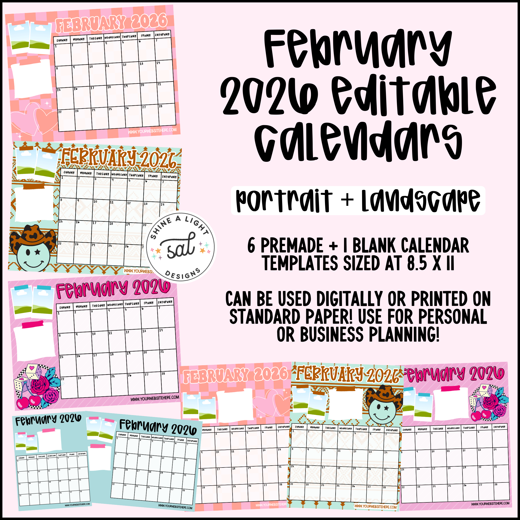 February 2026 Editable Calendars – Shine A Light Graphic Design